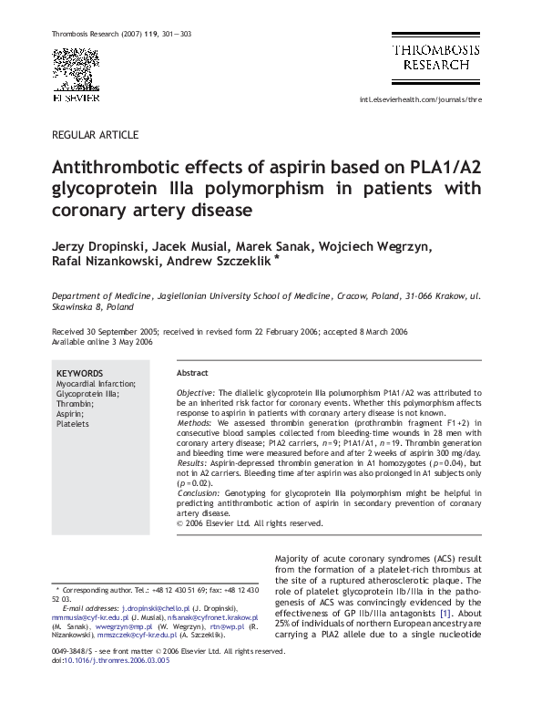 (PDF) Antithrombotic effects of aspirin based on PLA1/A2 glycoprotein ...