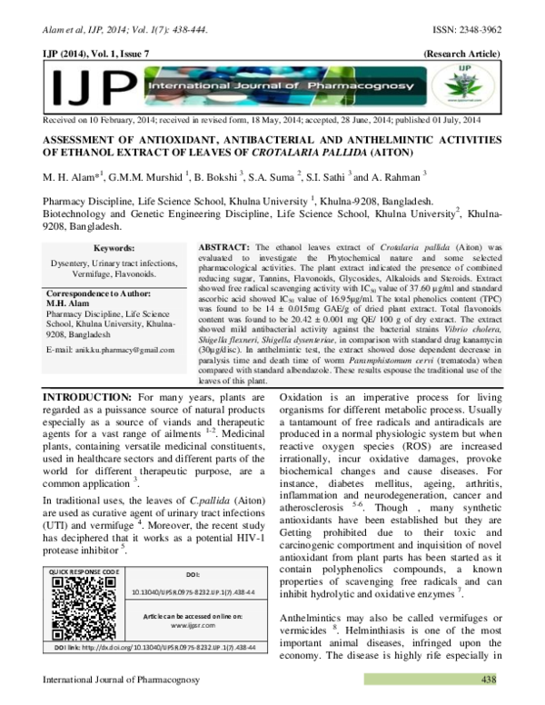 (PDF) ASSESSMENT OF ANTIOXIDANT, ANTIBACTERIAL AND ANTHELMINTIC ACTIVITIES OF ETHANOL EXTRACT OF ...