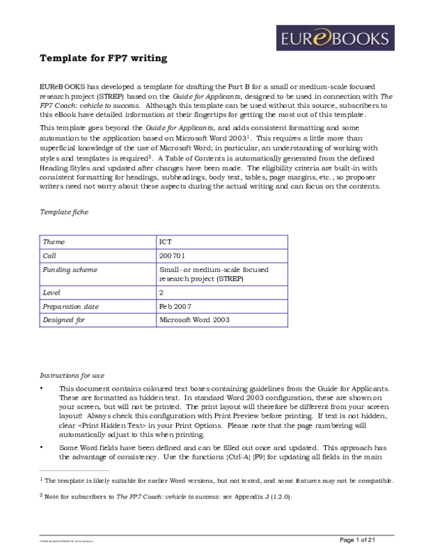 (PDF) Template for FP7 writing