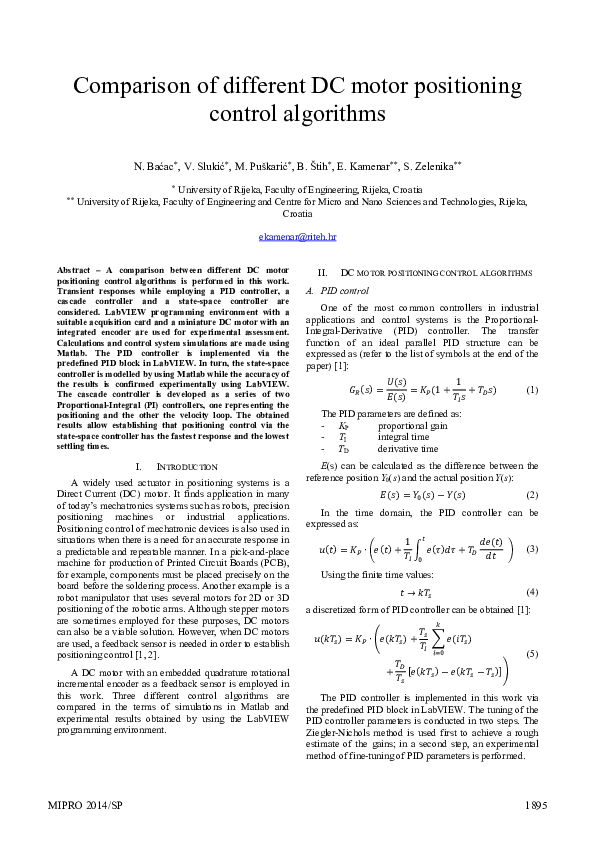 (PDF) Comparison of different DC motor positioning control algorithms (PDF) Comparison of different DC motor positioning control algorithms
