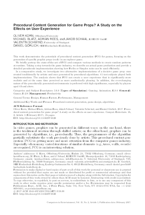 (PDF) Procedural Content Generation for Game Props? A Study on the Effects on User Experience
