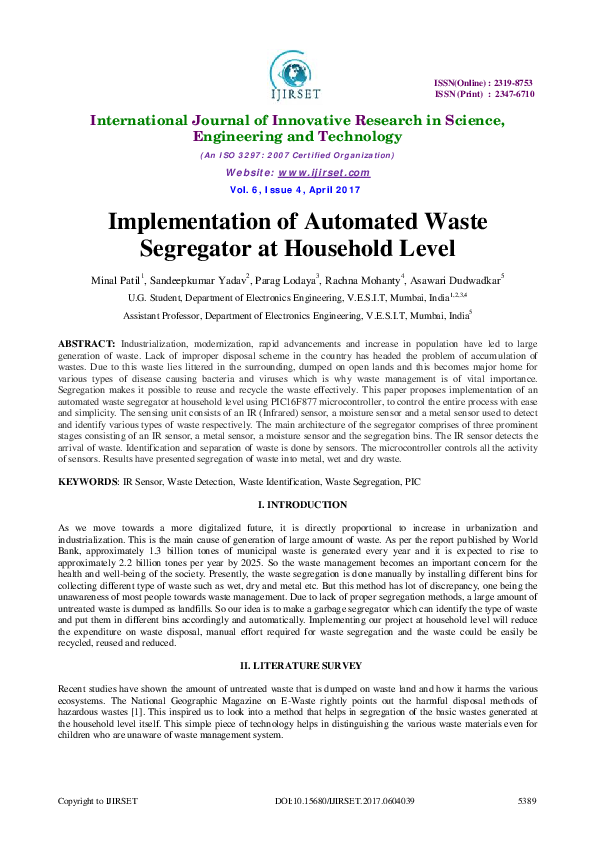 (PDF) Implementation of Automated Waste Segregator at Household Level