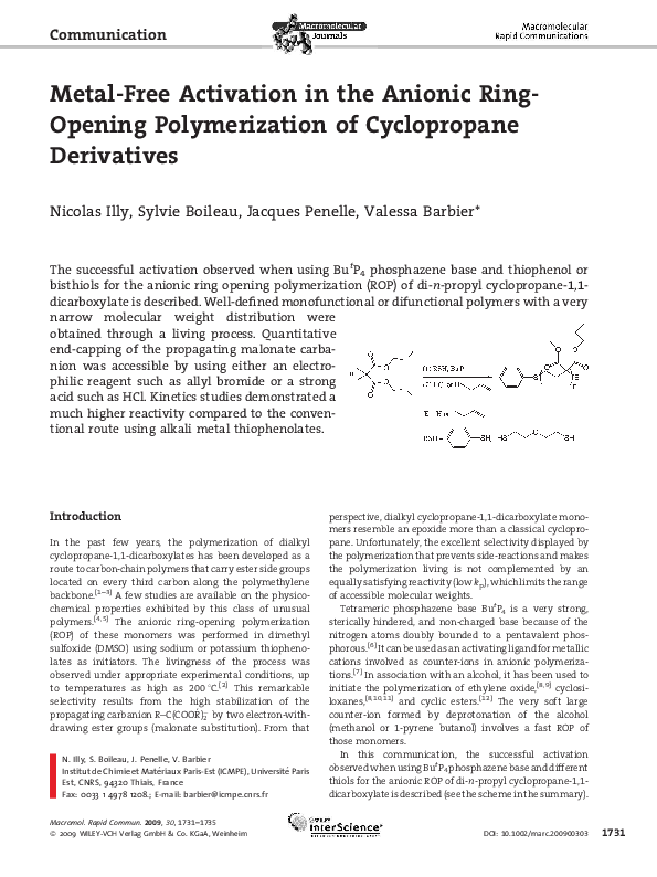 (PDF) Metal-Free Activation in the Anionic Ring-Opening Polymerization of Cyclopropane Derivatives