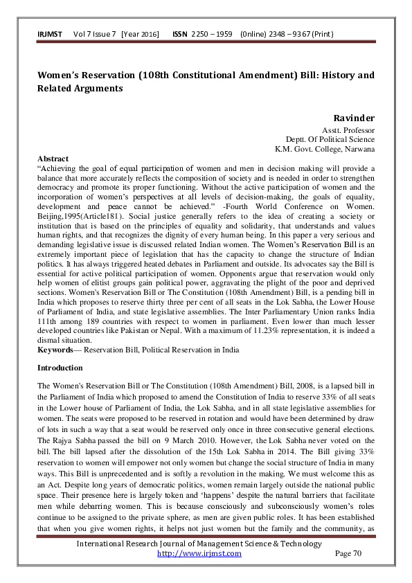 (PDF) Women’s Reservation (108th Constitutional Amendment) Bill ...