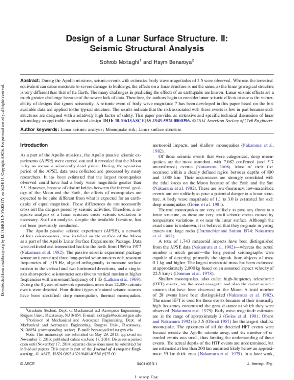 Design Of A Lunar Surface Structure Ii Seismic Structural Analysis