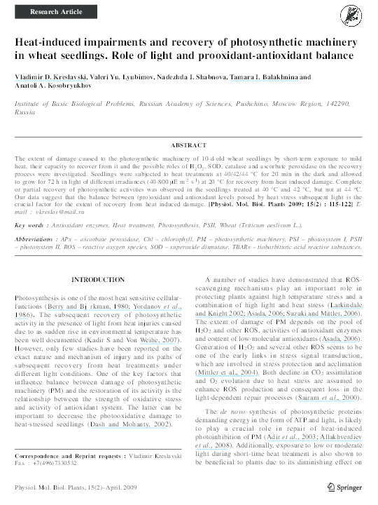 (PDF) Heat-induced impairments and recovery of photosynthetic machinery in wheat seedlings. Role ...