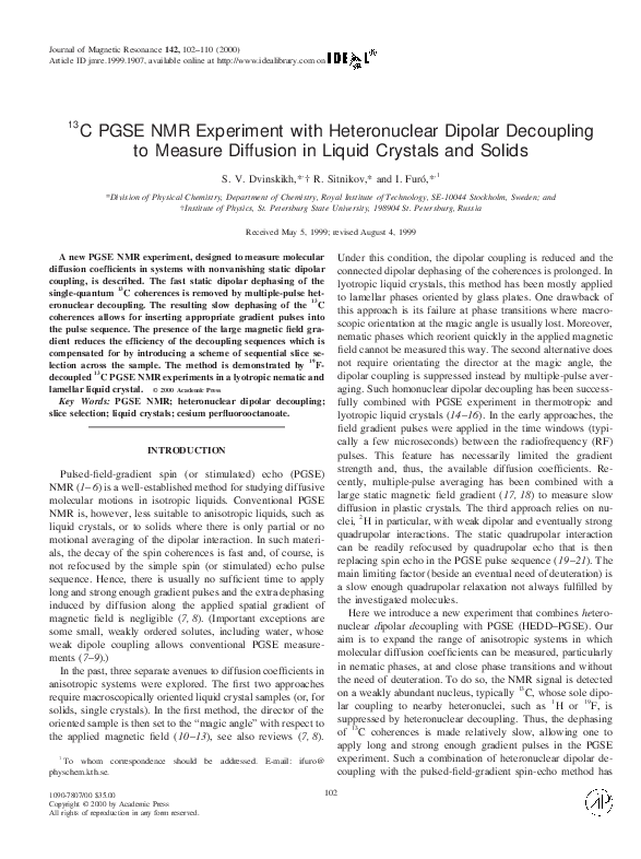 (PDF) 13C PGSE NMR Experiment with Heteronuclear Dipolar Decoupling to ...