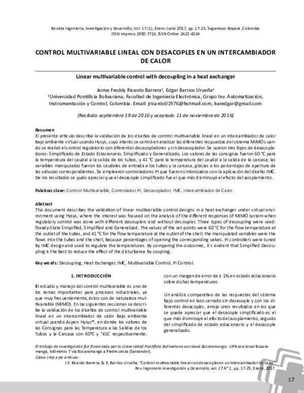 (PDF) Linear multivariable control with decoupling in a heat exchanger