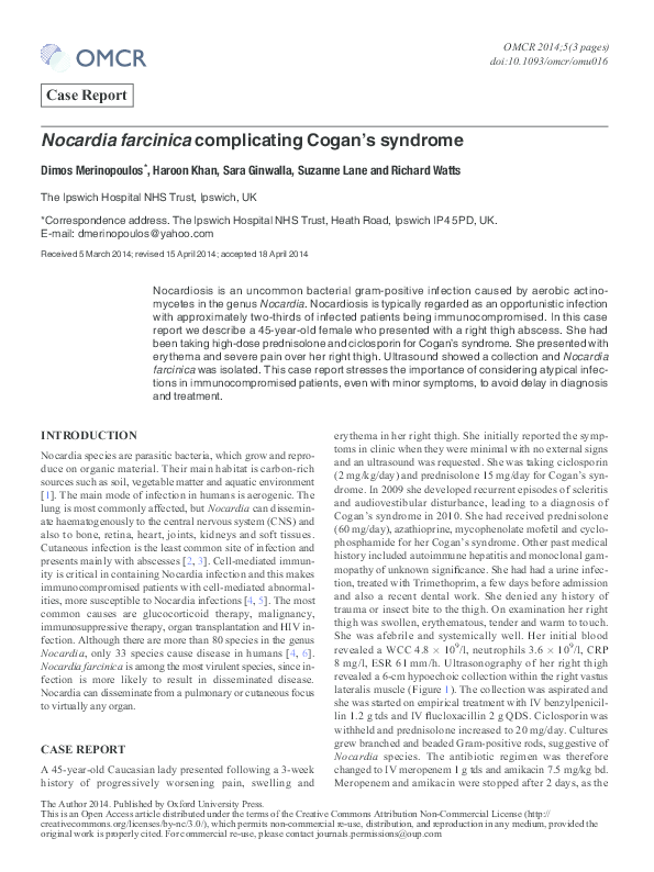 (PDF) Nocardia farcinica complicating Cogan's syndrome