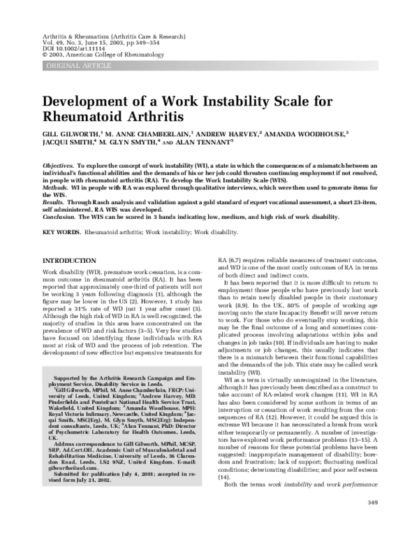 (PDF) Development of a work instability scale for rheumatoid arthritis