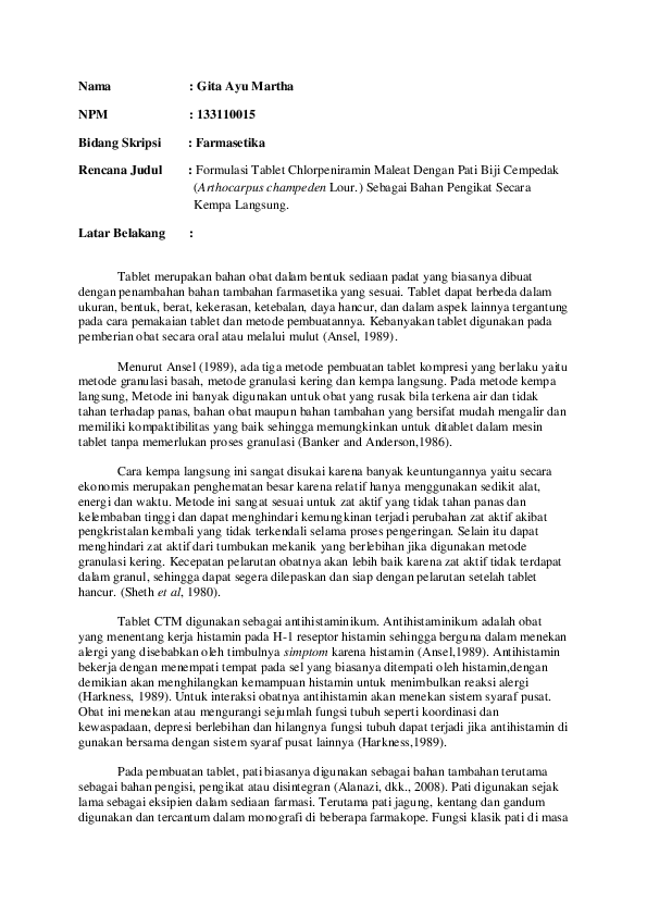 (PDF) Formulasi tablet CTM dengan pati biji cempedak sebagai pengikat ...
