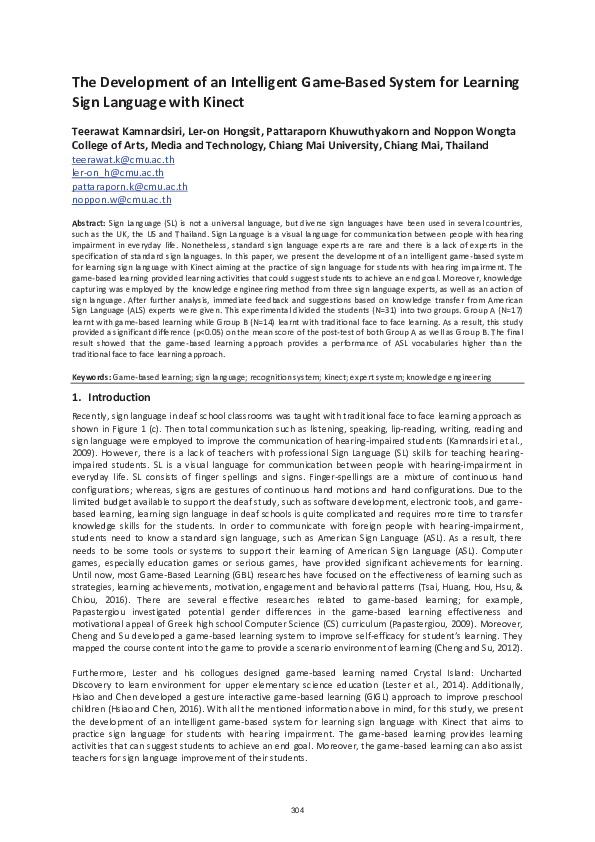(PDF) The Development of an Intelligent Game-Based System for Learning Sign Language with Kinect