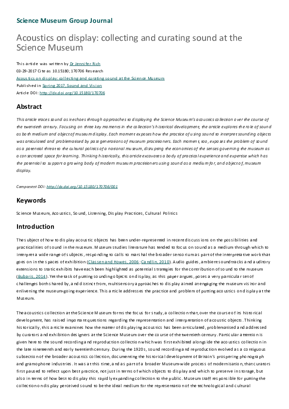 (PDF) Acoustics on display: collecting and curating sound at the ...