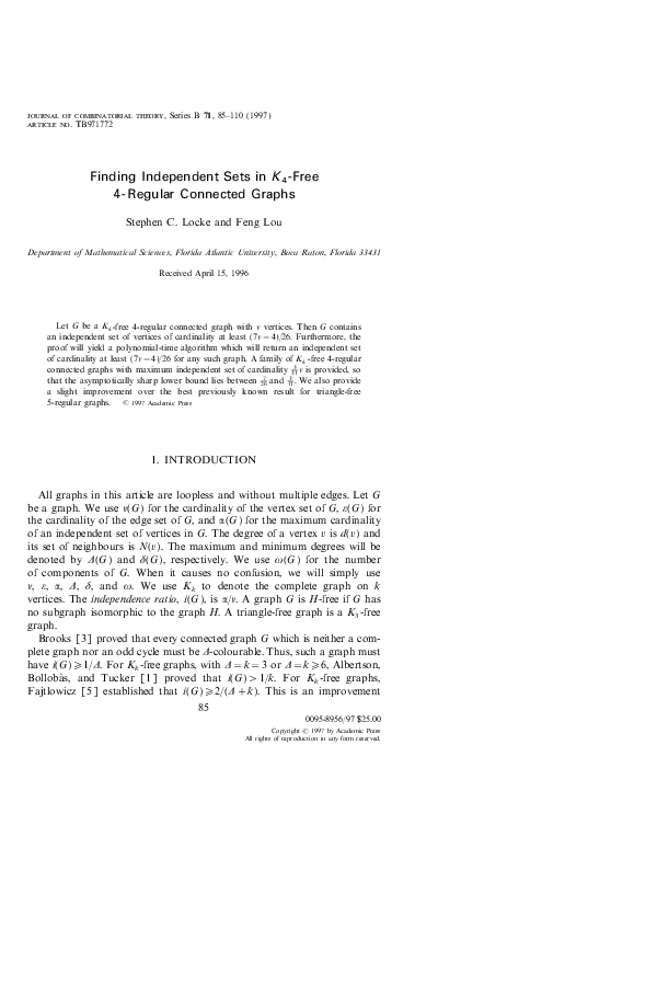 (PDF) Finding Independent Sets inK4-Free 4-Regular Connected Graphs (PDF) Finding Independent Sets inK4-Free 4-Regular Connected Graphs