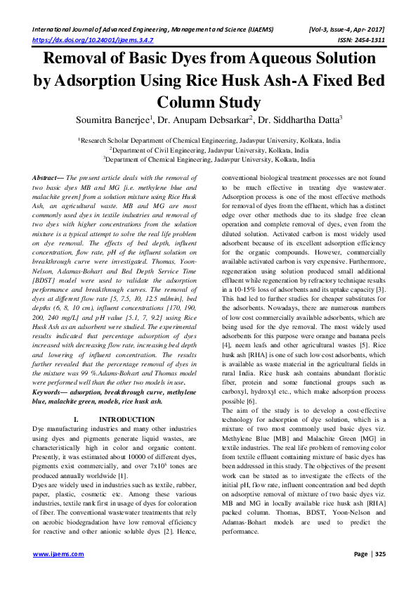 (PDF) Removal of Basic Dyes from Aqueous Solution by Adsorption Using Rice Husk Ash-A Fixed Bed ...