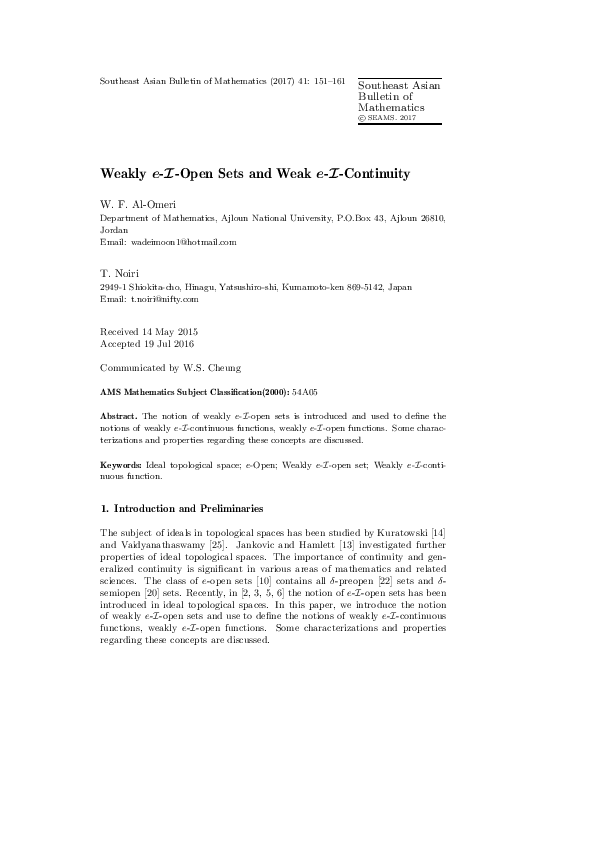 (PDF) Southeast Asian Bulletin of Mathematics Weakly e-I-Open Sets and Weak e-I-Continuity