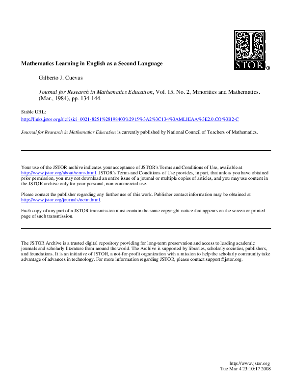 (PDF) Mathematics Learning in English as a Second Language
