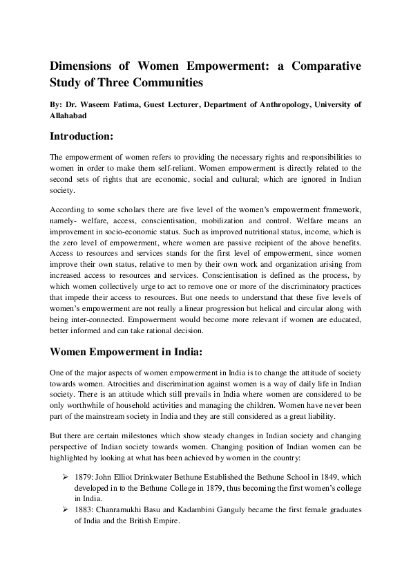 (PDF) Dimensions of Women Empowerment: a Comparative Study of Three ...