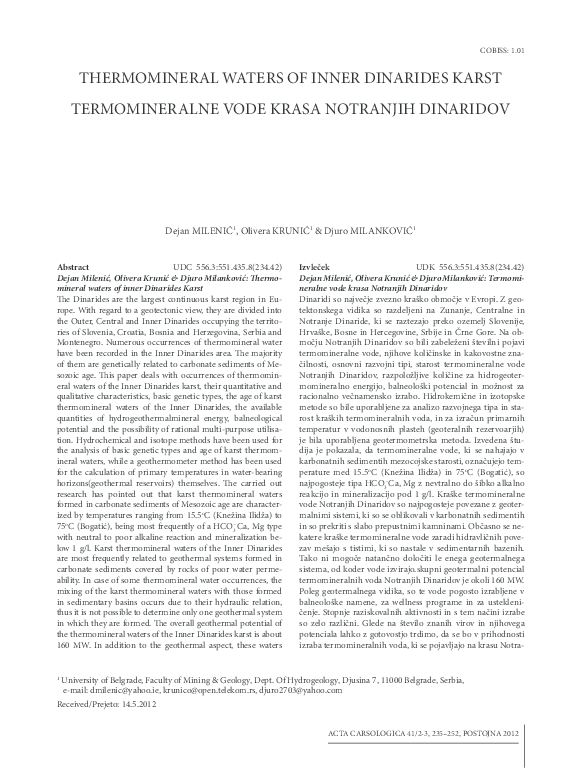 (PDF) Thermomineral waters of inner Dinarides Karst