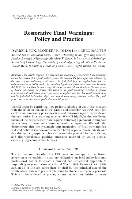(PDF) Restorative Final Warnings: Policy and Practice