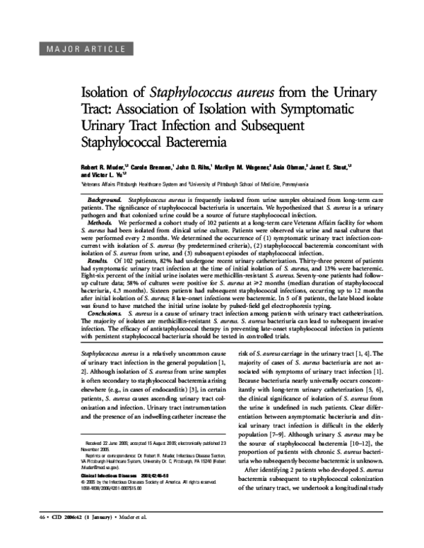 (PDF) Isolation of Staphylococcus aureus from the Urinary Tract: Association of Isolation with ...