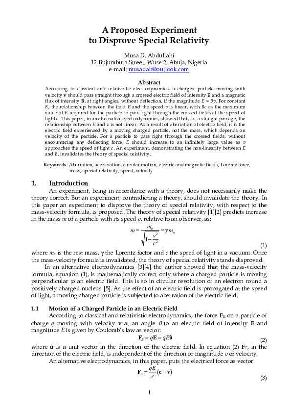 (PDF) A PROPOSED EXPERIMENT TO DISPROVE SPECIAL RELATIVITY