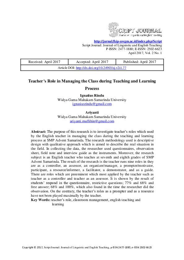 (PDF) Teacher's Role in Managing the Class during Teaching and Learning ...
