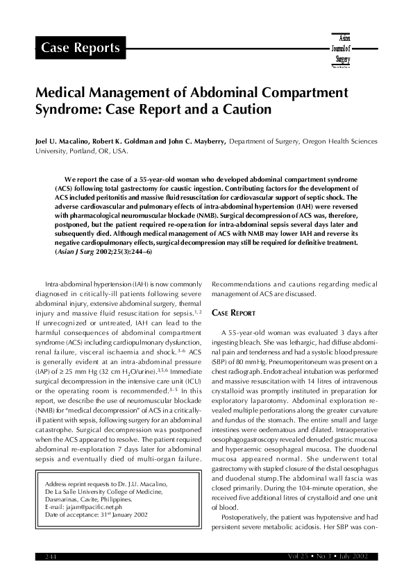 (PDF) Medical Management of Abdominal Compartment Syndrome: Case Report ...