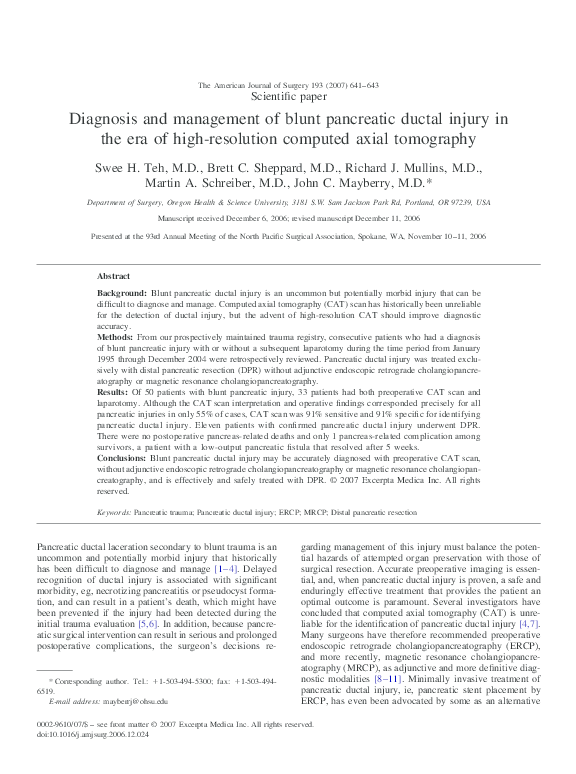 (PDF) Diagnosis and management of blunt pancreatic ductal injury in the ...