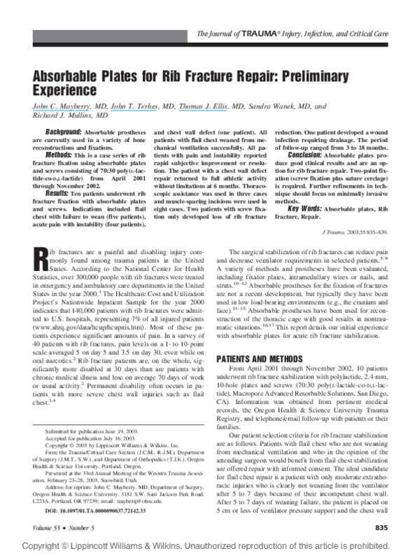 (PDF) Absorbable Plates for Rib Fracture Repair: Preliminary Experience