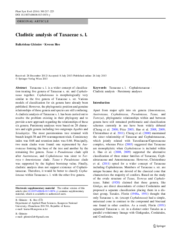 (PDF) Cladistic Analysis of Taxaceae Classification (PDF) Cladistic Analysis of Taxaceae Classification