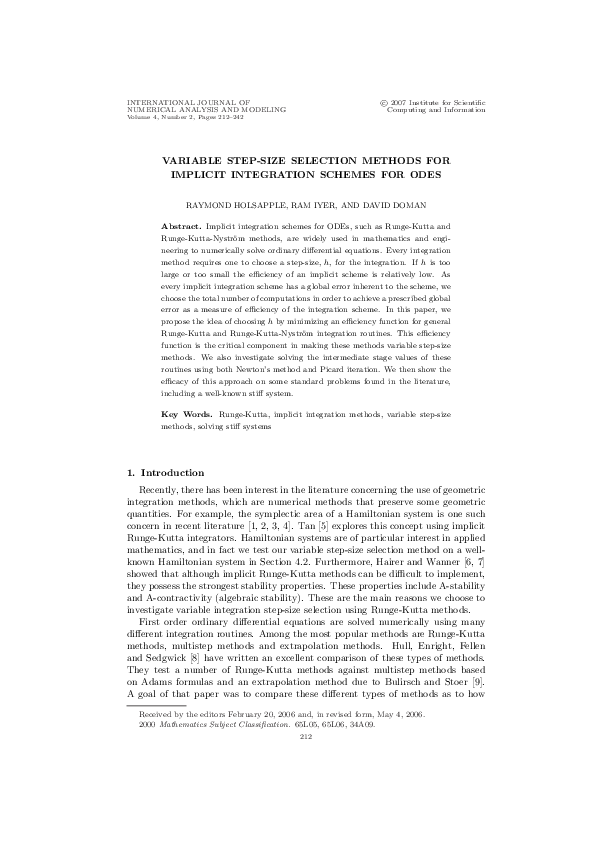 (PDF) Variable Step-Size Selection Methods for Implicit Integration Schemes for Odes