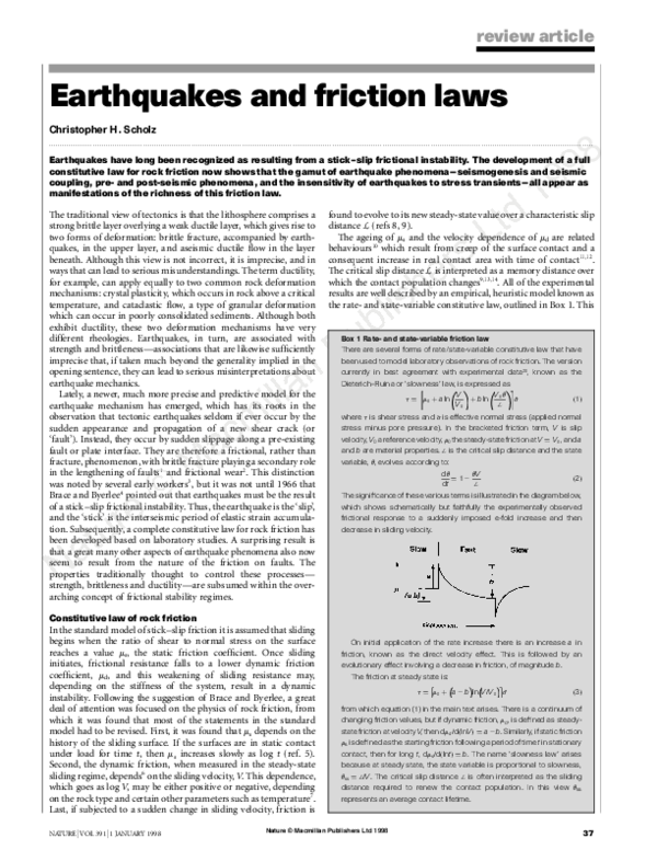 (PDF) Earthquakes and friction laws