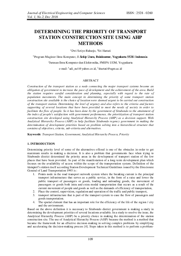 (PDF) DETERMINING THE PRIORITY OF TRANSPORT STATION CONSTRUCTION SITE USING AHP METHODS