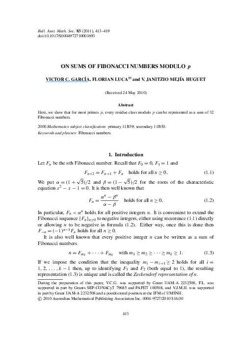 (PDF) Fibonacci Sums in Residue Classes Modulo p