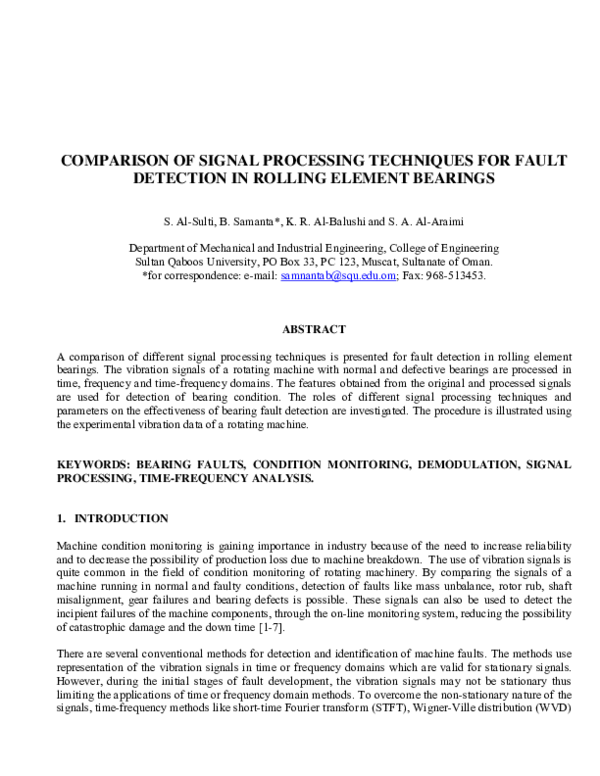 Pdf Comparison Of Signal Processing Techniques For Fault Detection In