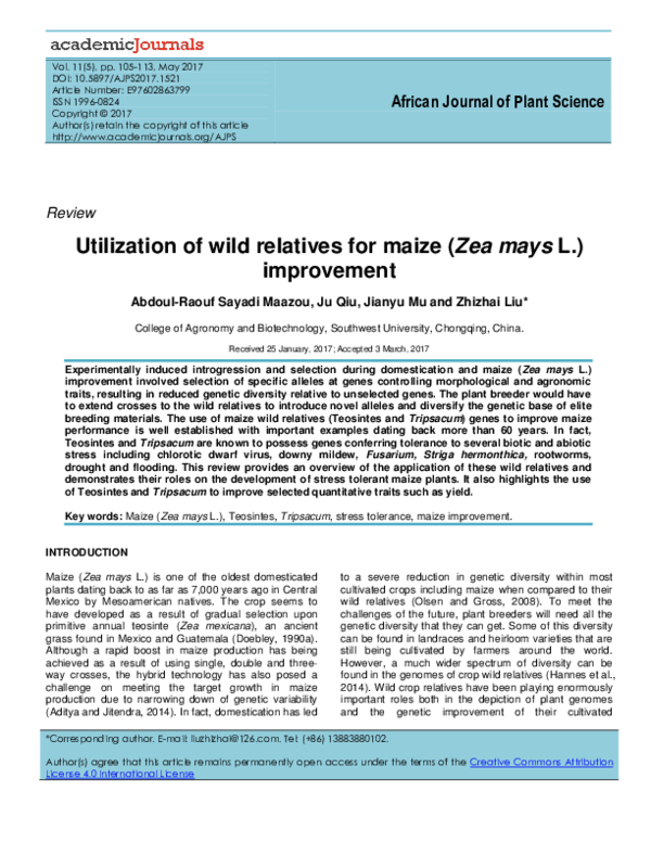 (PDF) Utilization of wild relatives for maize (Zea mays L.) improvement