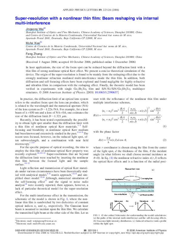 (PDF) Super-resolution with a nonlinear thin film: Beam reshaping via internal multi-interference