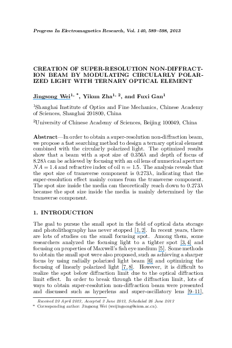 (PDF) Creation of Super-Resolution Non-Diffraction Beam by Modulating Circularly Polarized ...