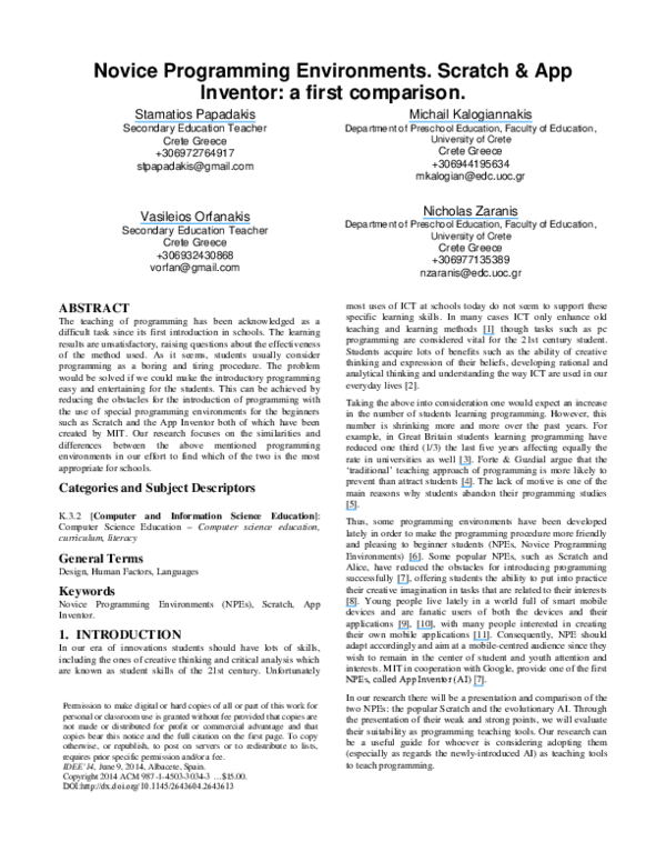 Pdf Novice Programming Environments Scratch And App Inventor