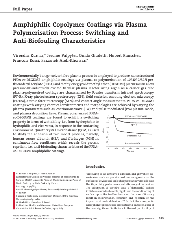 (PDF) Amphiphilic Copolymer Coatings via Plasma Polymerisation Process: Switching and Anti ...