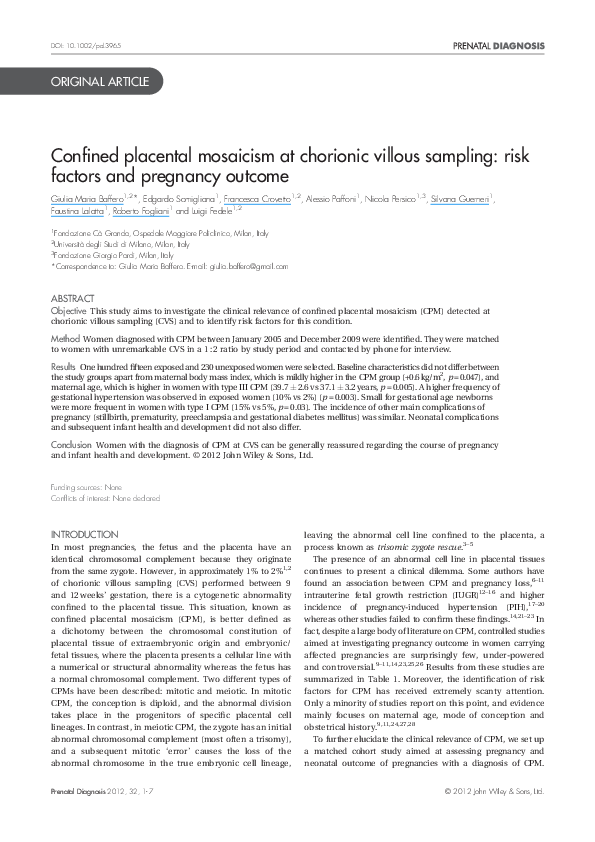 (PDF) Confined placental mosaicism at chorionic villous sampling: risk ...
