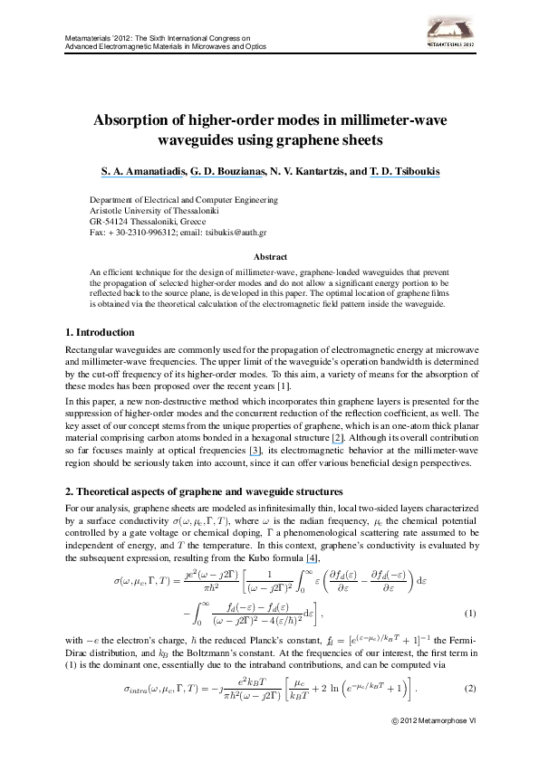 (PDF) Absorption of Higher-order Modes in Millimeter-Wave Waveguides using Graphene Sheets