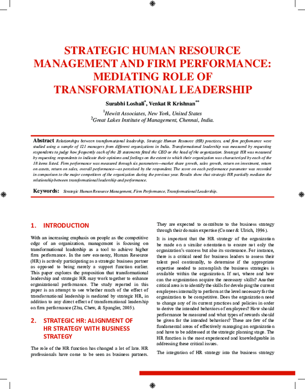 (PDF) STRATEGIC HUMAN RESOURCE MANAGEMENT AND FIRM PERFORMANCE: MEDIATING ROLE OF ...