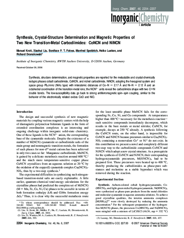 (PDF) Synthesis, Crystal-Structure Determination and Magnetic Properties of Two New Transition ...