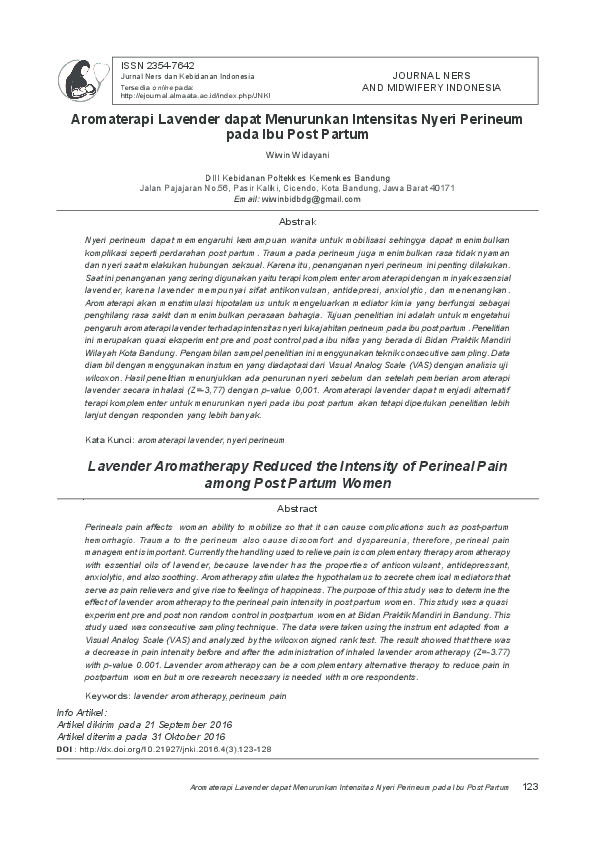(PDF) Aromaterapi Lavender dapat Menurunkan Intensitas Nyeri Perineum pada Ibu Post Partum