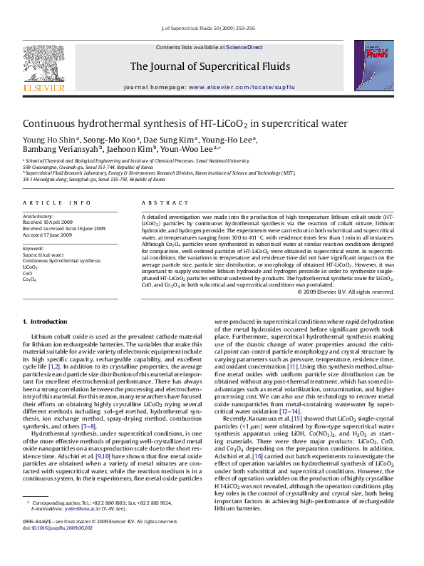 (PDF) Continuous hydrothermal synthesis of HT-LiCoO2 in supercritical water