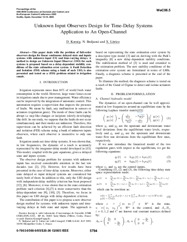 (PDF) Unknown Input Observers Design for Time-Delay Systems Application to An Open-Channel