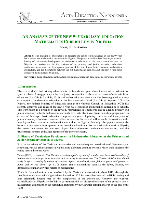 (PDF) AN ANALYSIS OF THE NEW 9-YEAR BASIC EDUCATION MATHEMATICS ...