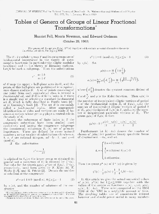 Pdf Tables Of Genera Of Groups Of Linear Fractional Transformations